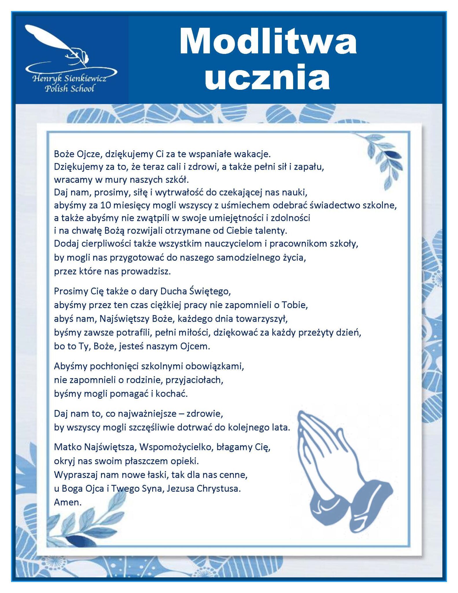 Modlitwy – POLSKA SZKOŁA IM. HENRYKA SIENKIEWICZA
